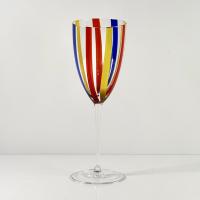 China Hand Blown Art Glass Goblet & Coupe Glass Set, Vibrant Red Yellow Blue Vertical Cane Stripes Murano Style Stemmed Wine & Martini Glasses for Bar, Party & Gift for sale