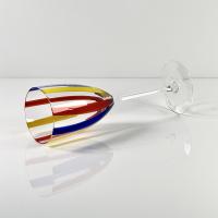 China Hand Blown Art Glass Goblet & Coupe Glass Set, Vibrant Red Yellow Blue Vertical Cane Stripes Murano Style Stemmed Wine & Martini Glasses for Bar, Party & Gift for sale