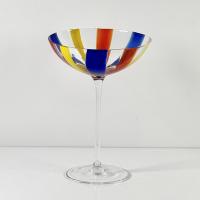 China Hand Blown Art Glass Goblet & Coupe Glass Set, Vibrant Red Yellow Blue Vertical Cane Stripes Murano Style Stemmed Wine & Martini Glasses for Bar, Party & Gift for sale