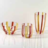 China Hand Blown Colored Cane Striped Glass Tumbler & Bowl Set, Murano Style Red Yellow Vertical Stripe Drinking Cups and Snack Bowl, Lead-Free Art Glass for Water, Juice, Table Decor for sale