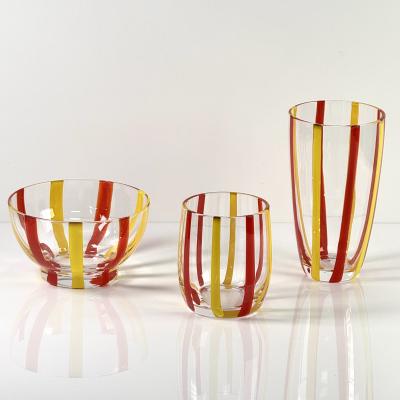 China Hand Blown Colored Cane Striped Glass Tumbler & Bowl Set, Murano Style Red Yellow Vertical Stripe Drinking Cups and Snack Bowl, Lead-Free Art Glass for Water, Juice, Table Decor for sale