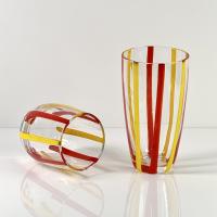 China Hand Blown Colored Cane Striped Glass Tumbler & Bowl Set, Murano Style Red Yellow Vertical Stripe Drinking Cups and Snack Bowl, Lead-Free Art Glass for Water, Juice, Table Decor for sale