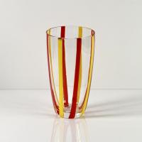 China Hand Blown Colored Cane Striped Glass Tumbler & Bowl Set, Murano Style Red Yellow Vertical Stripe Drinking Cups and Snack Bowl, Lead-Free Art Glass for Water, Juice, Table Decor for sale