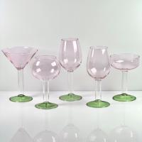 China Hand Blown Borosilicate Stemmed Wine & Cocktail Glass Set, Pink Bowl with Green Hollow Stem Base, Colored Spray Tinted Art Goblets for Bar, Wedding & Table Decor for sale