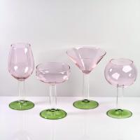 China Hand Blown Borosilicate Stemmed Wine & Cocktail Glass Set, Pink Bowl with Green Hollow Stem Base, Colored Spray Tinted Art Goblets for Bar, Wedding & Table Decor for sale