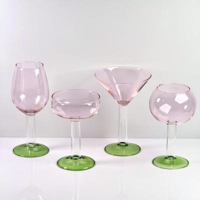 China Hand Blown Borosilicate Stemmed Wine & Cocktail Glass Set, Pink Bowl with Green Hollow Stem Base, Colored Spray Tinted Art Goblets for Bar, Wedding & Table Decor for sale