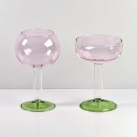 China Hand Blown Borosilicate Stemmed Wine & Cocktail Glass Set, Pink Bowl with Green Hollow Stem Base, Colored Spray Tinted Art Goblets for Bar, Wedding & Table Decor for sale