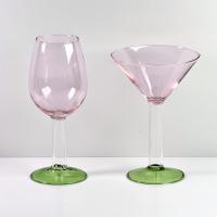China Hand Blown Borosilicate Stemmed Wine & Cocktail Glass Set, Pink Bowl with Green Hollow Stem Base, Colored Spray Tinted Art Goblets for Bar, Wedding & Table Decor for sale