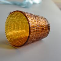 China Embossed Linen Pattern Solid Amber Glass Tea Light Holders for sale