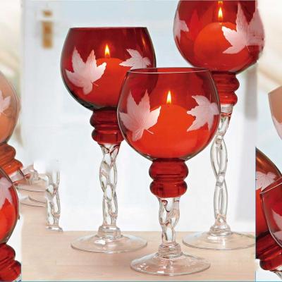 China Hand Cutted Design Red Glass Candle Holders With Color Long Stem for sale