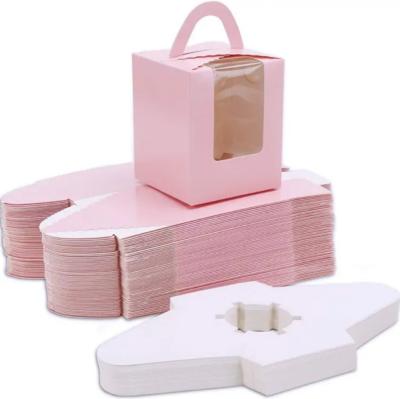 China Portable Cupcake Packaging Box with Lid and Window Insert Customized Pink Color for sale
