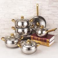 China Best Selling Stainless Steel Cookware Set 12pcs Double Layer Cooking Pot Set With Golden Handle for sale