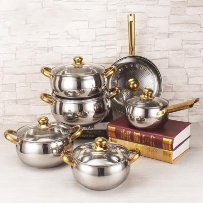 China Best Selling Stainless Steel Cookware Set 12pcs Double Layer Cooking Pot Set With Golden Handle for sale