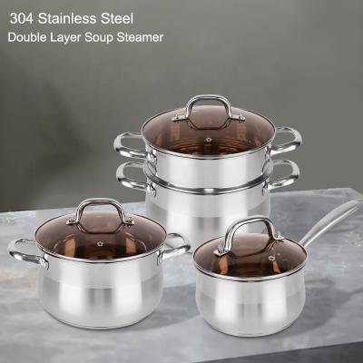 China Hot Selling Cookware Set Kitchen Cookware 304 Stainless Steel Double Layer Soup Steamer Pot Ollas Cooking Pot Set for sale