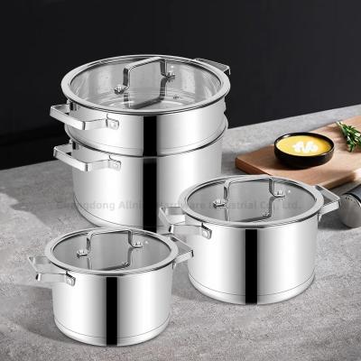China Multifunction Kitchen No 304 Stainless Steel Cooking Pot Set Soup Pot Steamer Pot Cookware Set With Glass Lid for sale