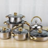 China High Quality Kitchen Cooking Pot Set 12 Pcs Stainless Steel Cookware Set With Golden Handle for sale