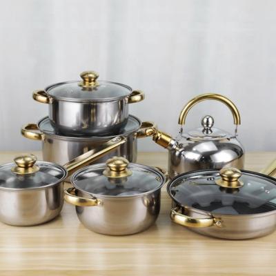 China High Quality Kitchen Cooking Pot Set 12 Pcs Stainless Steel Cookware Set With Golden Handle for sale