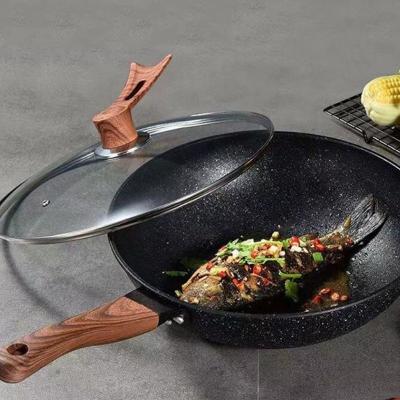 China Hot Sale Black 32cm Flat Bottom Maifan Stone Skillet Cookware Cooking Non-stick Deep Frying Pan for sale