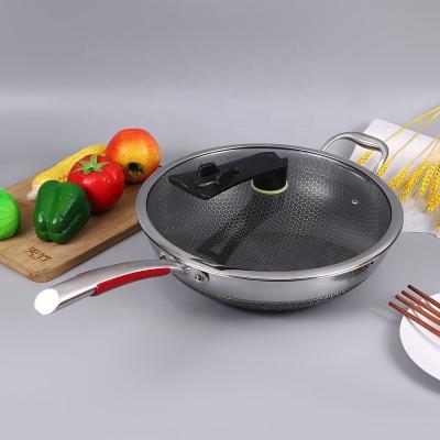 China Hot Selling Kitchen 32cm Induction Wok Pan SUS 304 Stainless Steel Honeycomb Non-stick Frying Pan for sale