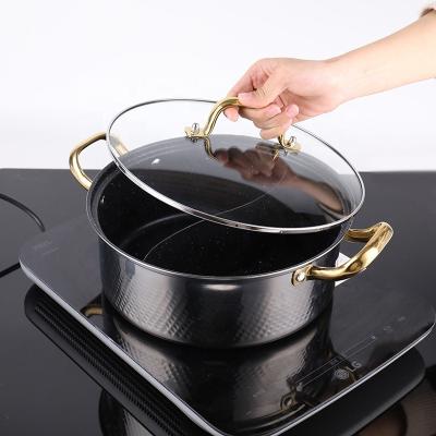 China Customized Food Grade 18/8 Stainless Steel Cooking Pot Kitchen Non-stick Two-Flavor Soup Pot With Glass Lid for sale