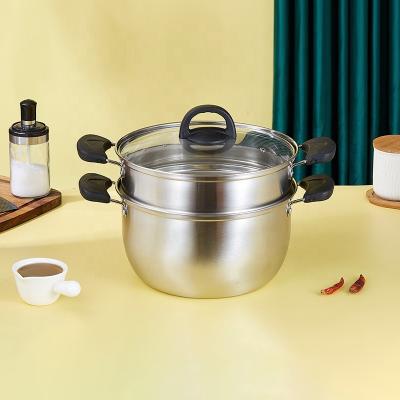 China Best Selling Silver Two Layers Pot Stainless Steel Saucepot Food Steamer Pots Soup Pot With Glass Lid for sale