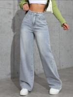 China Powder blue high-waisted straight-leg jeans for women for sale
