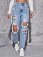China Medium blue ripped denim pants for sale