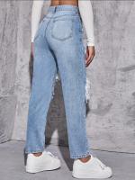 China Medium blue ripped denim pants for sale