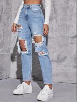 China Medium blue ripped denim pants for sale