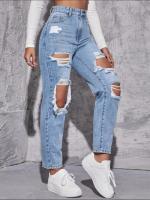 China Medium blue ripped denim pants for sale