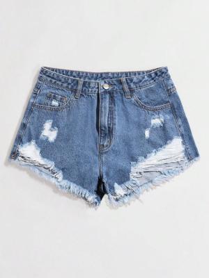 China Dark blue ripped denim shorts for sale