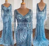 China 2021 New Sequined Sex Beading Feather Evening Dress Luxury Party Frock Bridesmaid Gowns Plus Size Hot for sale