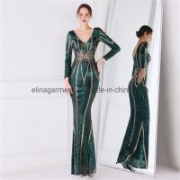 China Sequined Sex Beading Ball Dress Luxury V Neck Evening Party Dress Mermaid Bridesmaid Long-Sleeves Gowns for sale