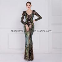 China Sequined Sex Beading Ball Dress Luxury V Neck Evening Party Dress Mermaid Bridesmaid Long-Sleeves Gowns for sale