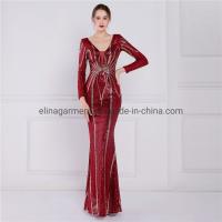 China Sequined Sex Beading Ball Dress Luxury V Neck Evening Party Dress Mermaid Bridesmaid Long-Sleeves Gowns for sale