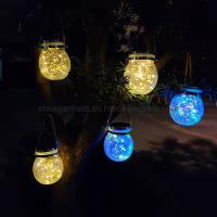 China Solar Waterproof Patio Garden Lanterns Wedding Hanging Mason Jar Solar Lights, Warm Crack Glass Bottle Solar Jar Light for sale