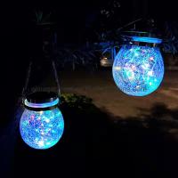 China Solar Waterproof Patio Garden Lanterns Wedding Hanging Mason Jar Solar Lights, Warm Crack Glass Bottle Solar Jar Light for sale