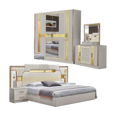China Turkish Luxury Style Wooden Frame King Size Bed Set Led Headboard Modern Classic Full Home Wood Bedroom Sets Furniture for sale