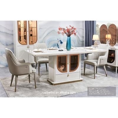 China Elegant Luxury Dining Table and Chairs Set 6 Seater Furniture Home Storage White Complete Modern Large Wooden Dining Room Sets for sale