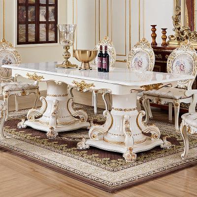 China French Royal Luxury White Wooden Dining Table Set 6 Seater Chairs Villa Furniture European Classic Large Wood Dining Room Sets for sale
