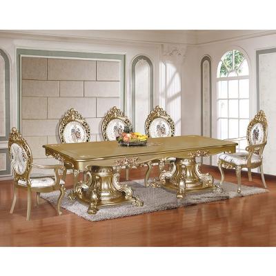 China Classic Gold Wooden Luxury Dining Table Set 6 Seater Chairs European Style Antique Home Large Wood Dining Room Sets Furniture for sale