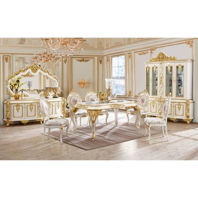 China European Style Classic Royal Luxury Dining Room Sets Furniture Antique Gold Complete Large 6 8 Seater Wooden Dining Table Set for sale