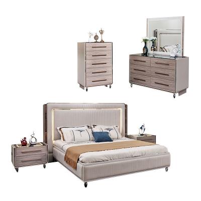 China King Size LED Headboard Luxury Leather Bed Bedroom Sets Wooden Frame Modern Home Room Doubhle Complete Bedroom Furniture Set for sale