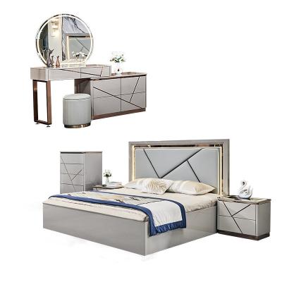 China Simple Home Double Wooden Frame Leather King Bed Modern Luxury Wood Full Queen Size Bedroom Furniture Set for sale