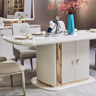China Modern White Wooden Luxury Dining Room Sets 6 Seater Complete Home Furniture Storage Large Wood Dining Table and Chairs Set for sale