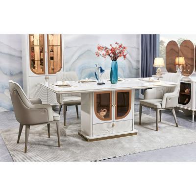 China Elegant Luxury Dining Table and Chairs Set 6 Seater Furniture Home Storage White Complete Modern Large Wooden Dining Room Sets for sale