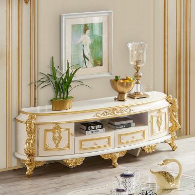 China European Classic Style Royal Luxury TV Cabinet Villa Furniture Home Storage White and Gold Large Wood Living Room TV Stand for sale