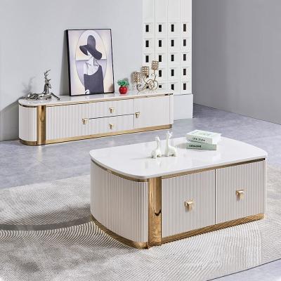 China Modern Luxury Wooden TV Stand and Coffee Table Set Furniture Large Storage Home White Center Wood Living Room Coffee Table for sale