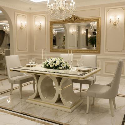 China White Luxury Wooden Dining Table and Chairs Set 6 Seater Home Furniture Dining Room Dining Table with Sideboard Wine Cabinet for sale
