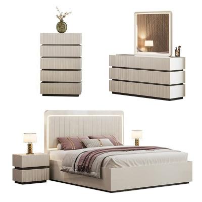 China Modern Luxury king Size Bedroom Sets Double Bed LED Headboard Hotel Home Master Room Complete Wooden Bedroom Furniture Set for sale